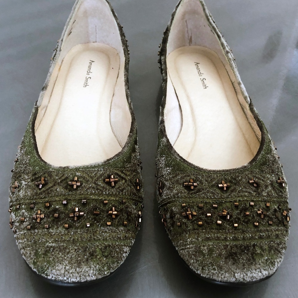 Vintage Olive Green Beaded Velvet Flats-Never Worn - Gem